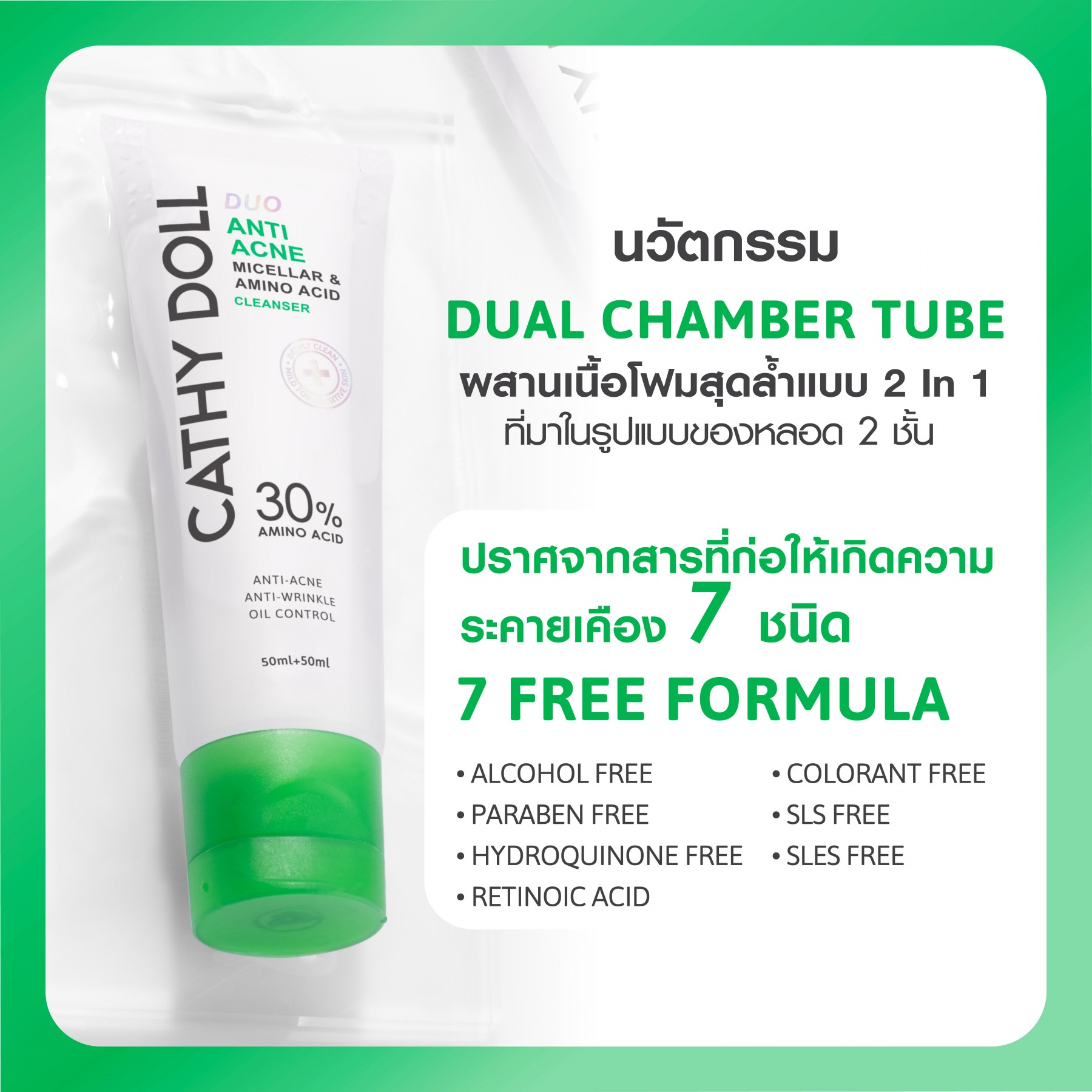 Cathy Doll ดูโอ้แอนตี้แอคเน่ไมเซลล่าแอนด์อะมิโนแอซิดคลีนเซอร์ 50ml+50ml เคที่ดอลล์ - สินค้าใหม่